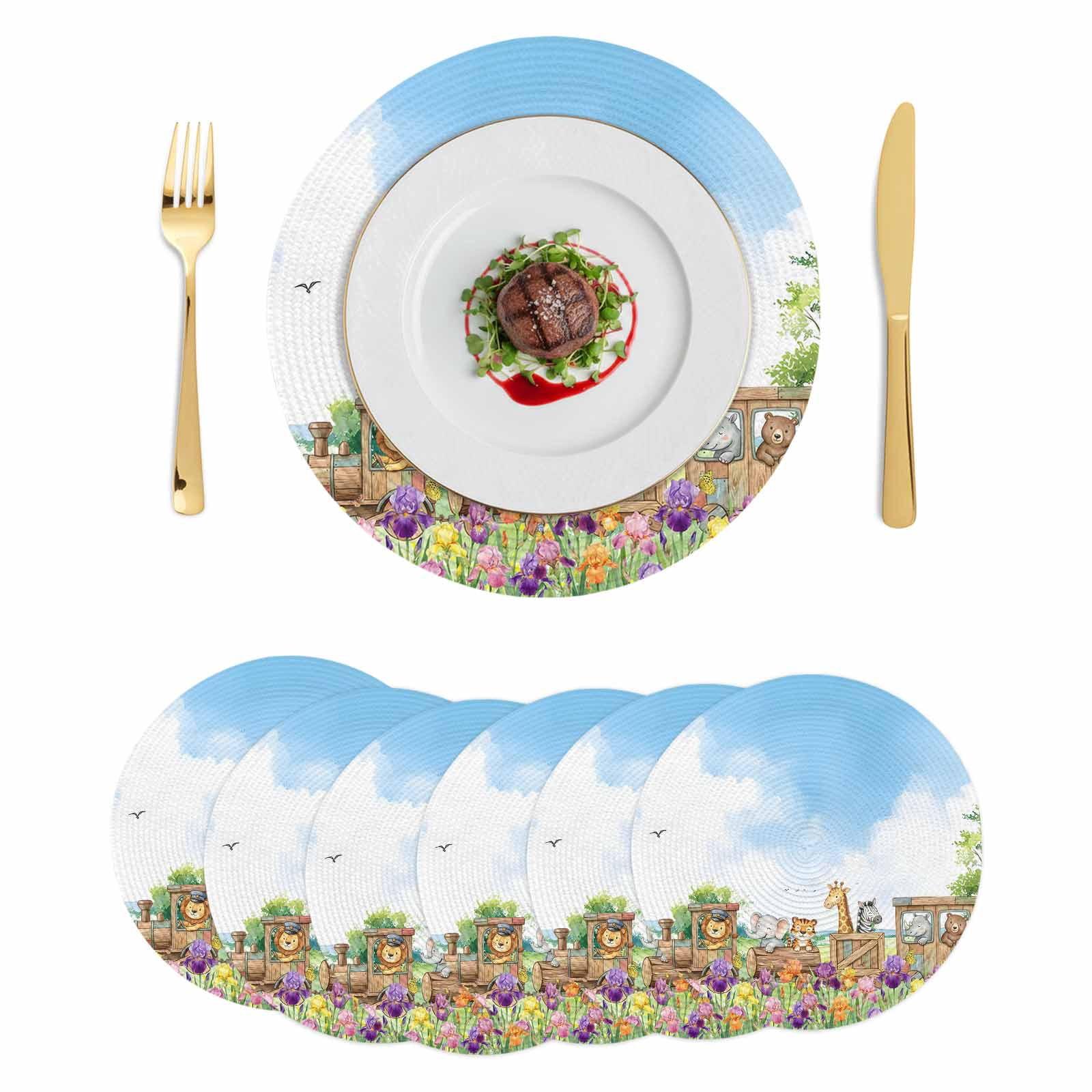 Cute Animals Round 13 Inch Placemats Set of 6, Spring Botanical Train ...