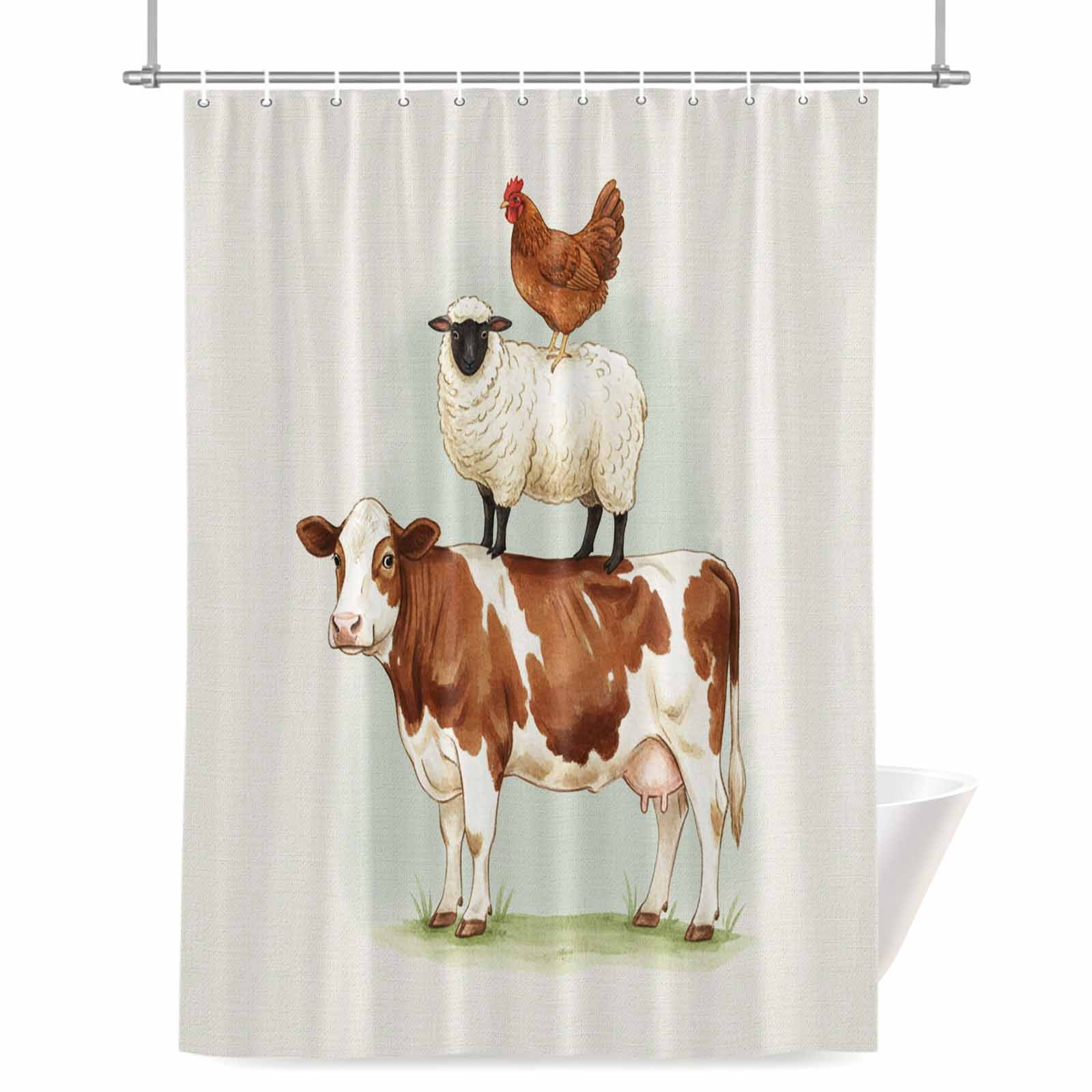 Cute Animals Shower Curtain, Watercolor Cow Chicken Cartoon Sheep ...