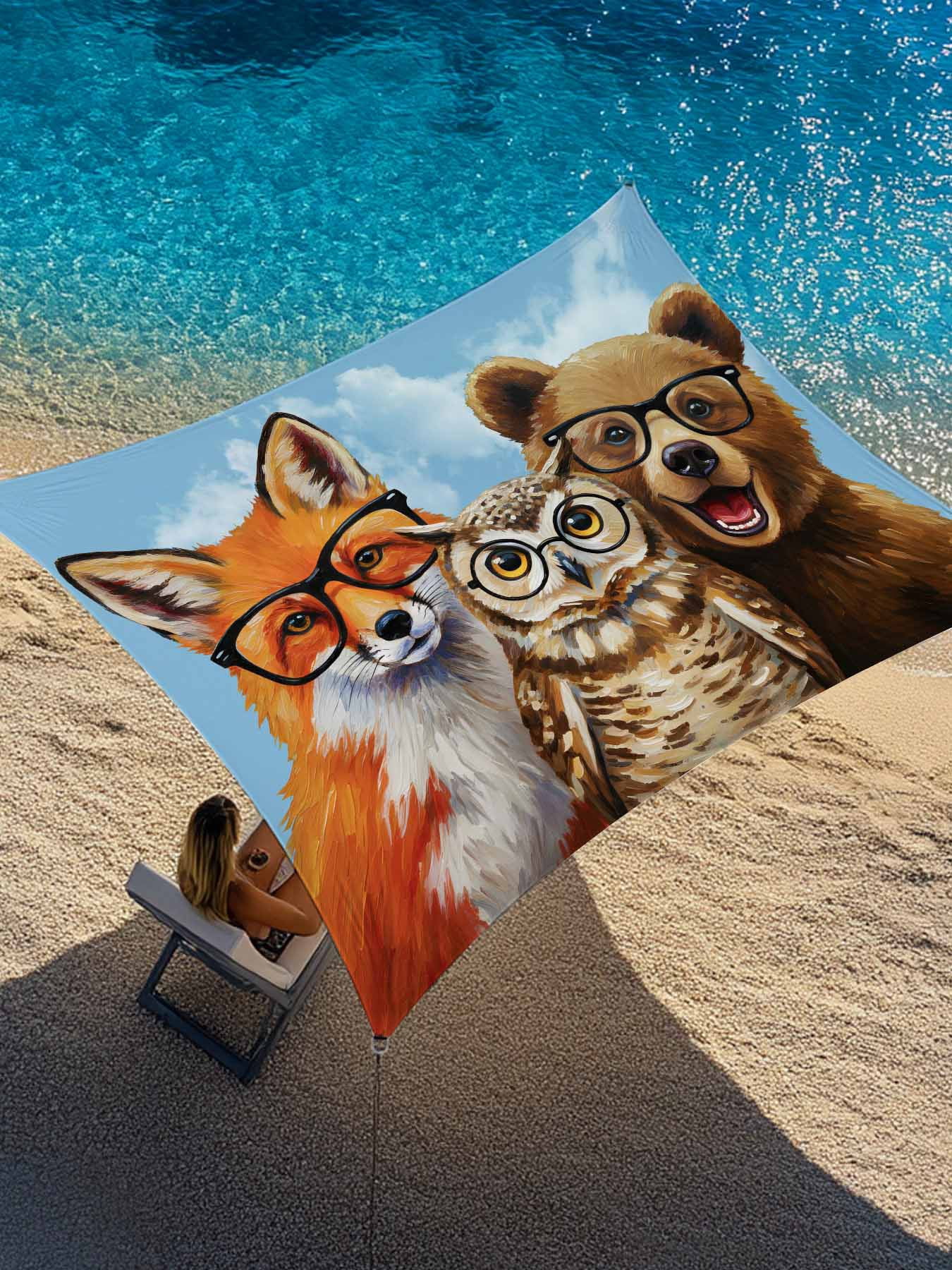 Cute Animals Sun Shade Sail 6.5' x 10', Watercolor Fox Bear Cartoon Owl ...