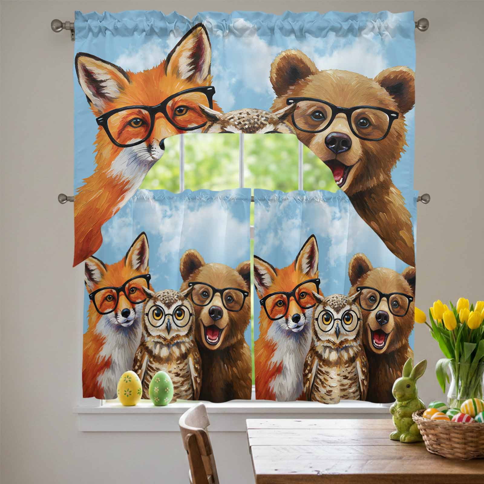 Cute Animals Swag Curtains Valance & Tier Set, Watercolor Fox Bear ...