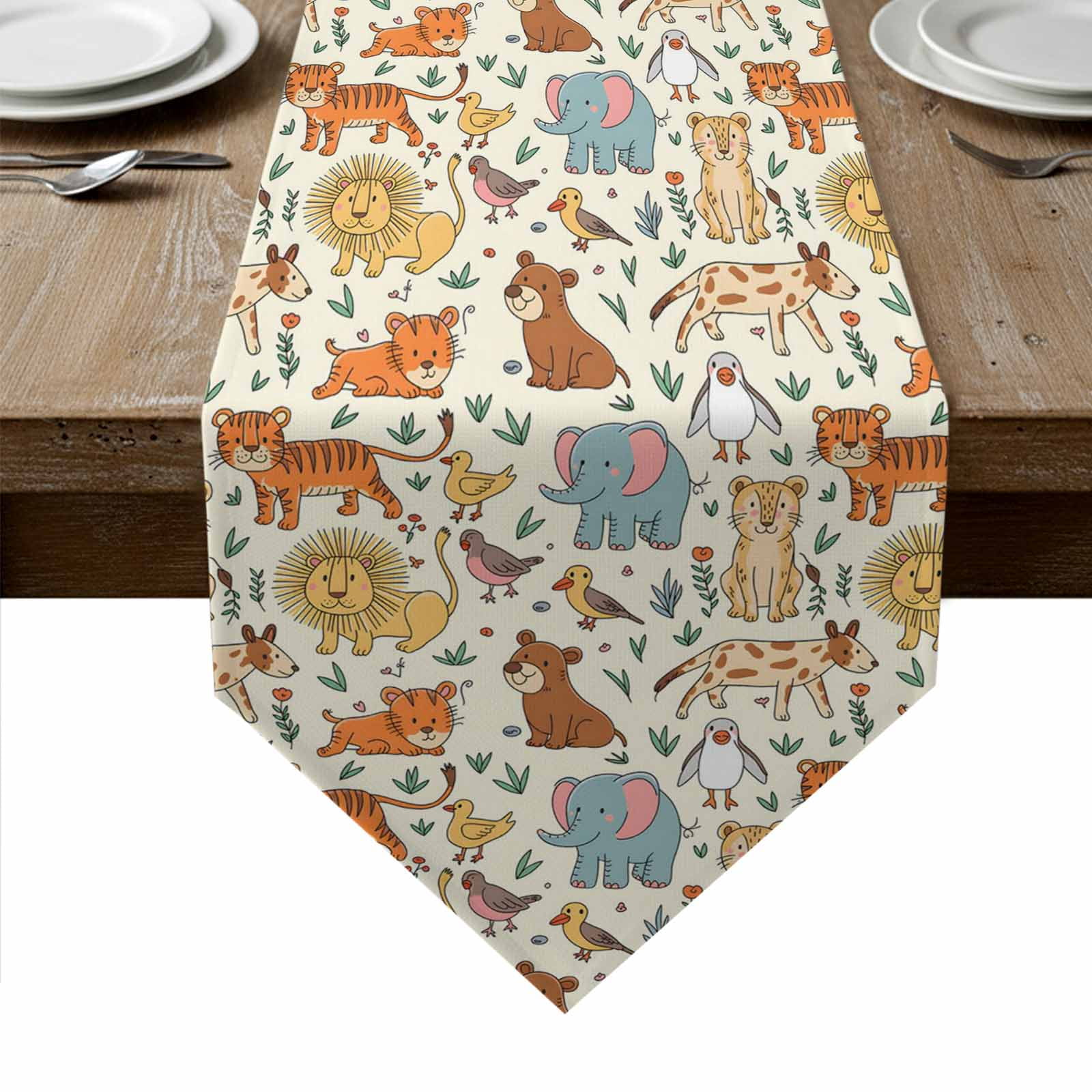 Cute Animals Zoo Table Runner Linen Burlap Table Runner 108 Inches Long ...