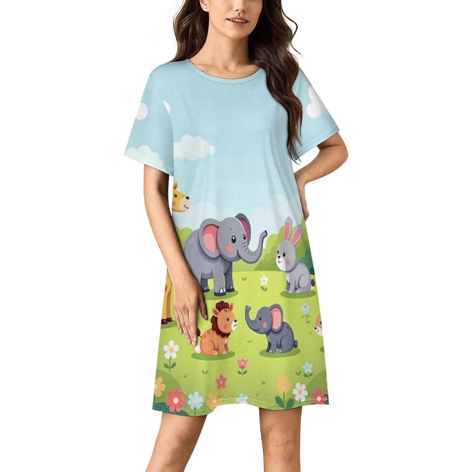 Cute Animals in Flower Field Women Nightgown Sleepwear Short Sleeves ...