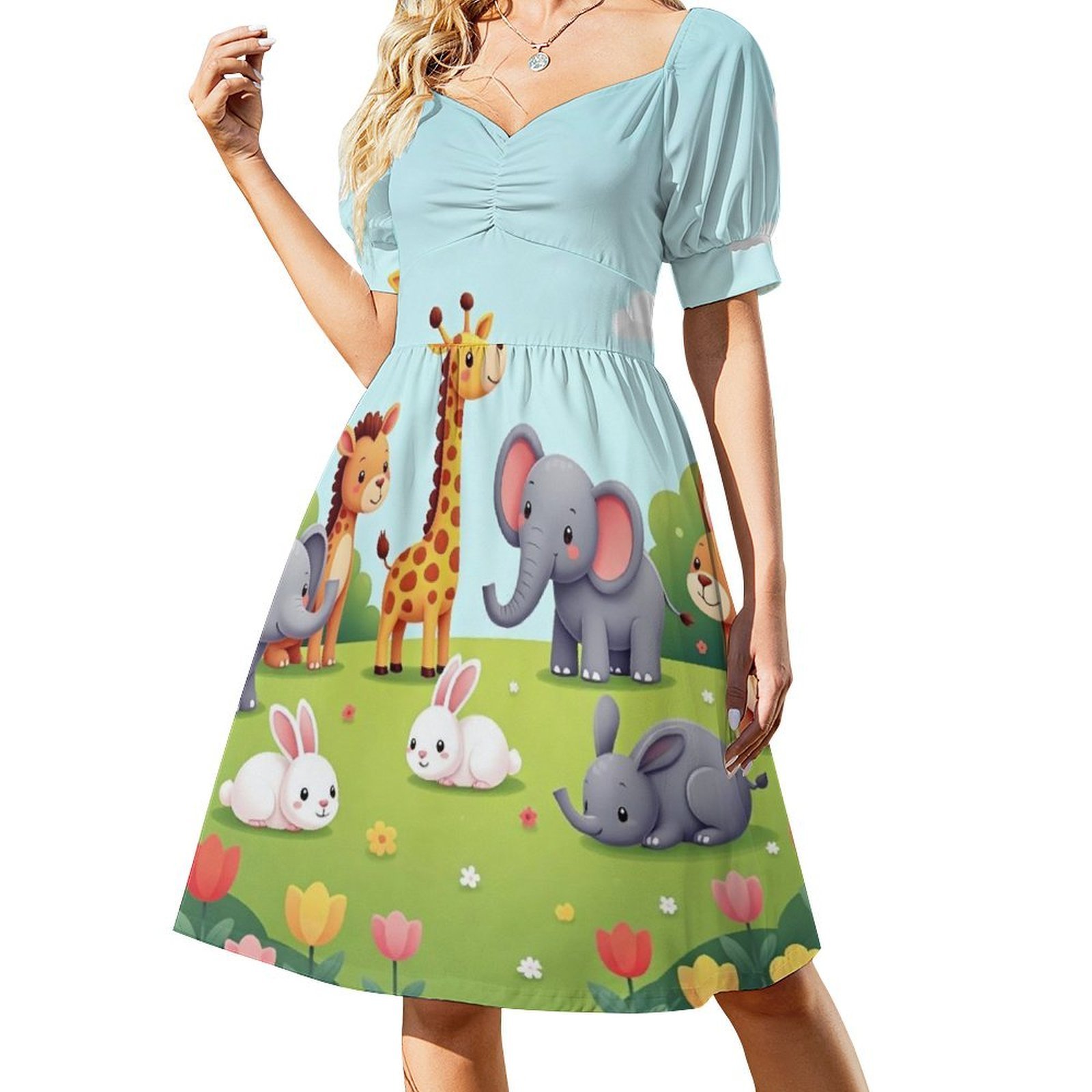 Cute Animals in Spring Garden Short Sleeve Dress Clothes Women's Summer ...