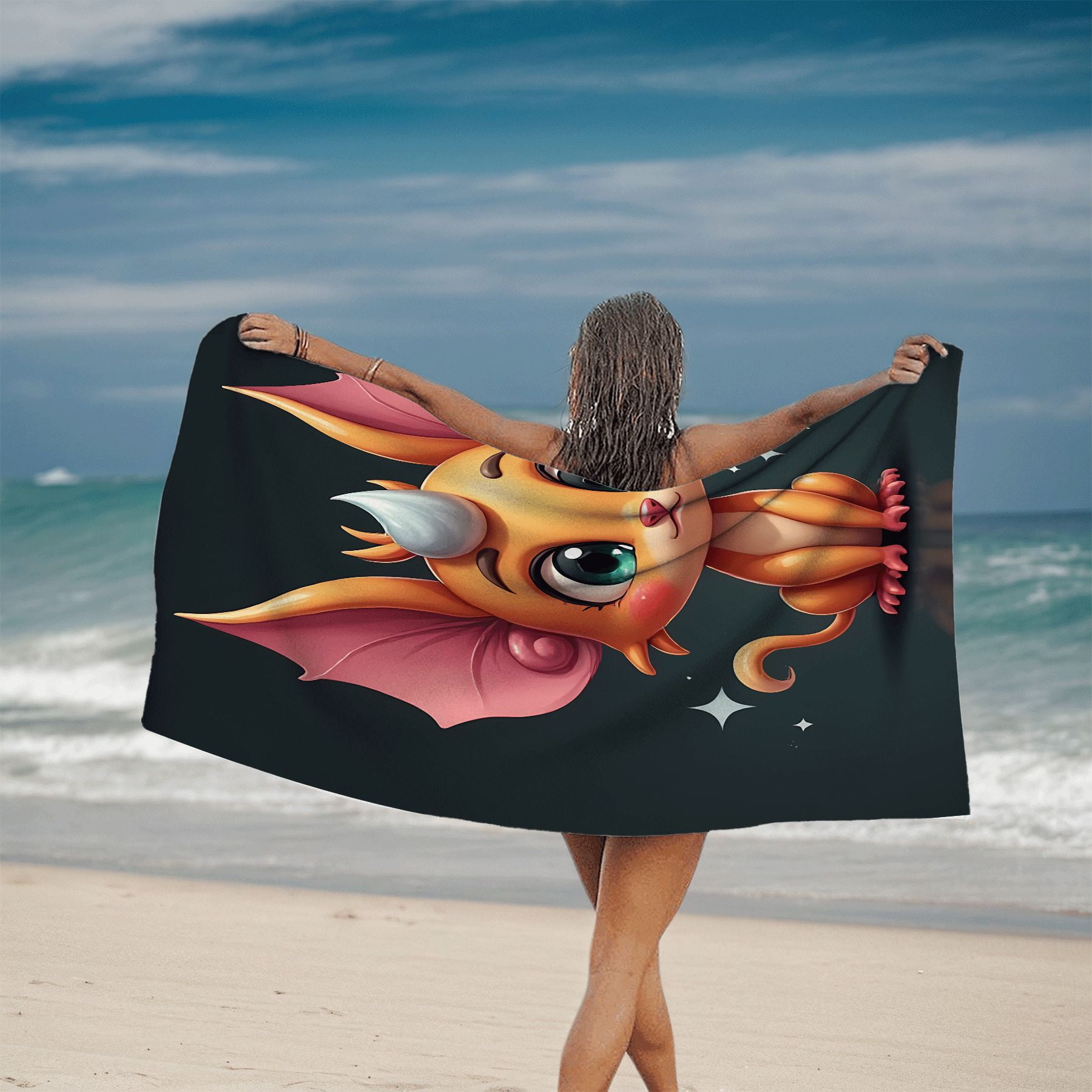 Cute Animated Character Beach Towel - Large Eyes & Pink Ears Design ...