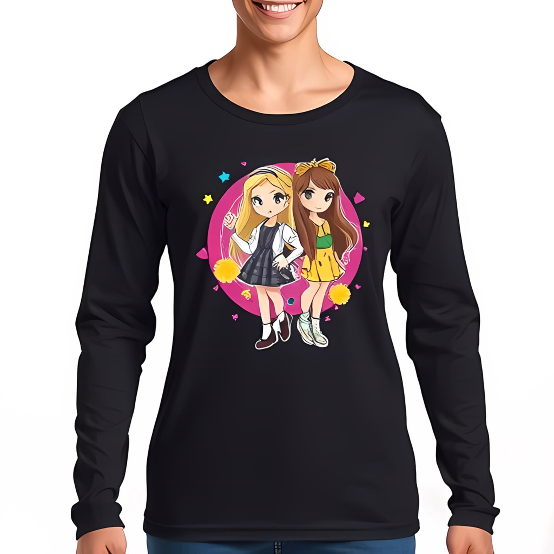 Cute Anime Chibi Girls Long Sleeve T-Shirt - Friendship Design with ...