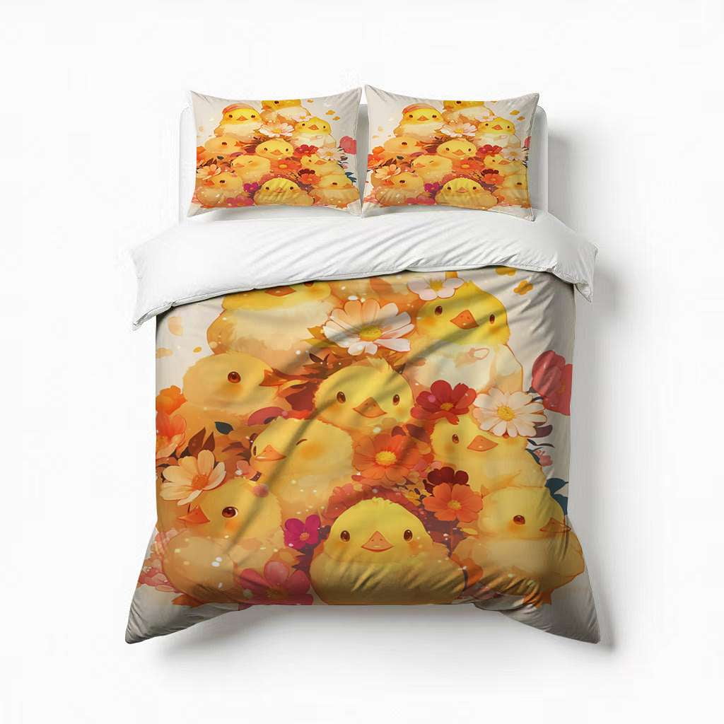 Cute Anime Duck With Flower Bedding Set 3 Pcs Soft Microfiber Quilt ...