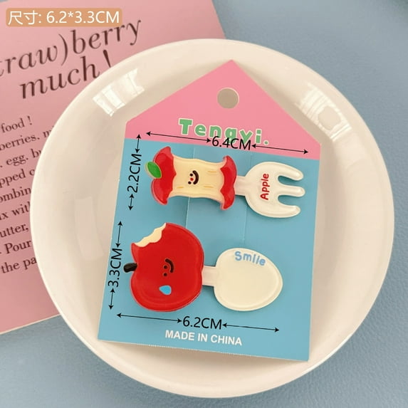 Cute Apple Acrylic Hair Clip Set Fork Spoon Cartoon Bangs Flyaway Clips ...