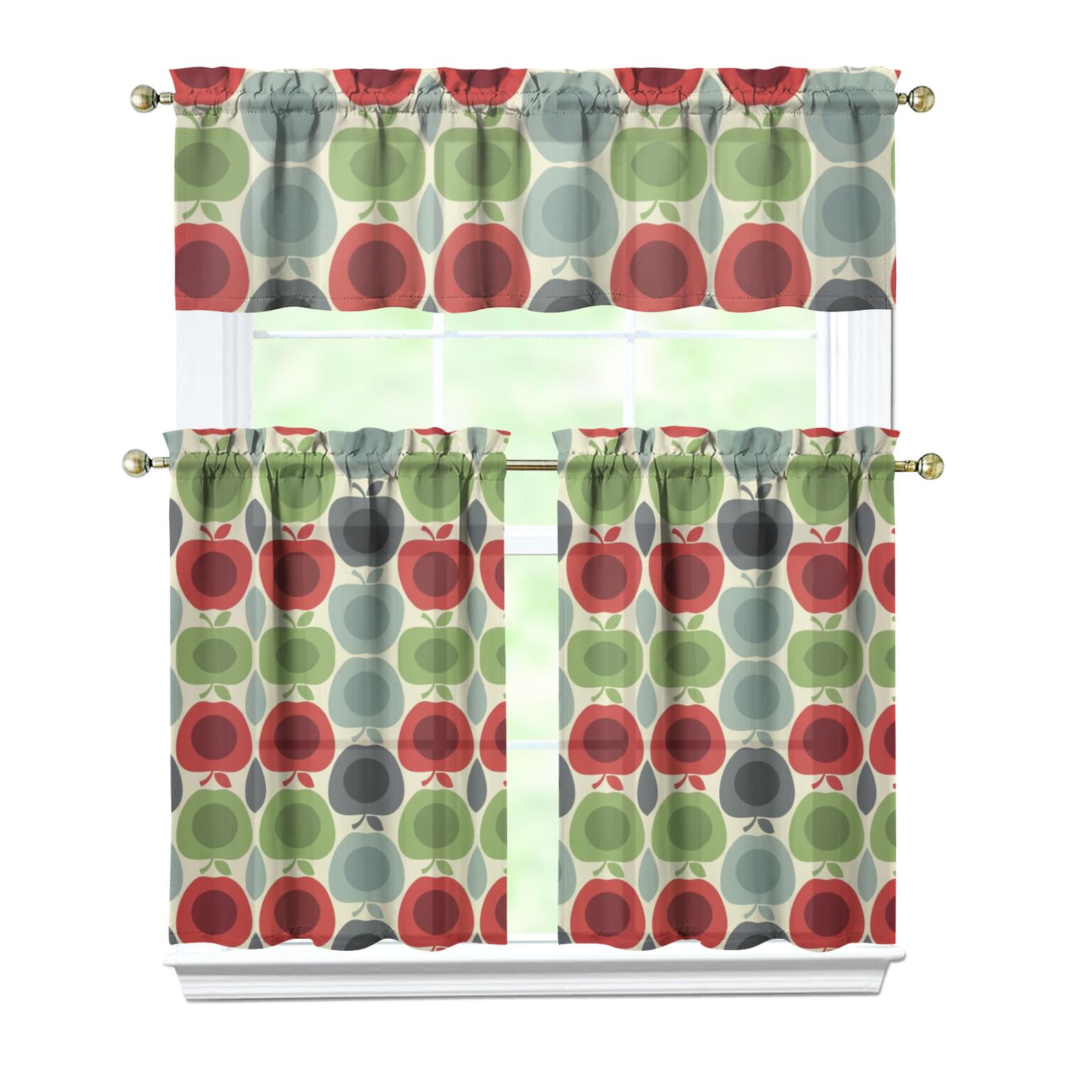 Cute Apple Lover Kitchen Curtains Set, Cartoon Fruit Print Tier and ...