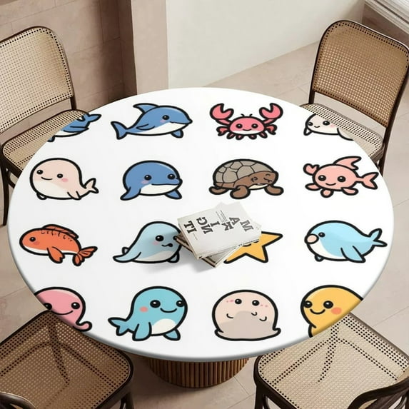 Cute Aquatic Animals Round Table Cover Kitchen Printed Waterproof ...