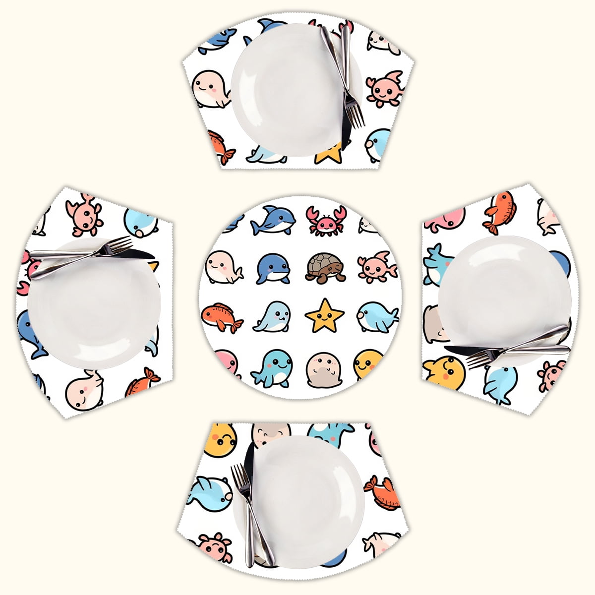 Cute Aquatic Animals Round Table Placemats Set Of 5 Wedge Table Mats ...