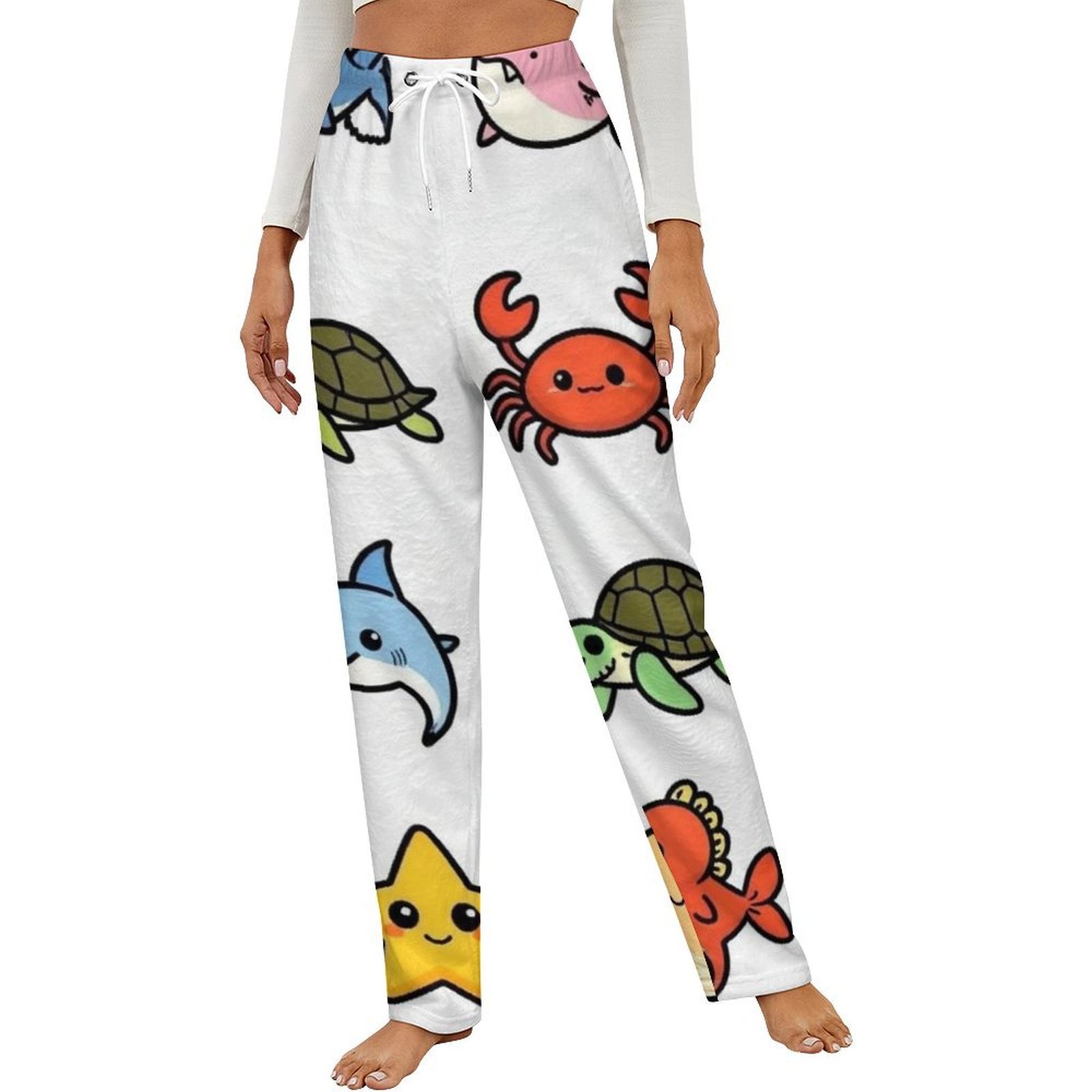 Cute Aquatic Animals Winter Female Pants Flannel High Waist Women Pants ...