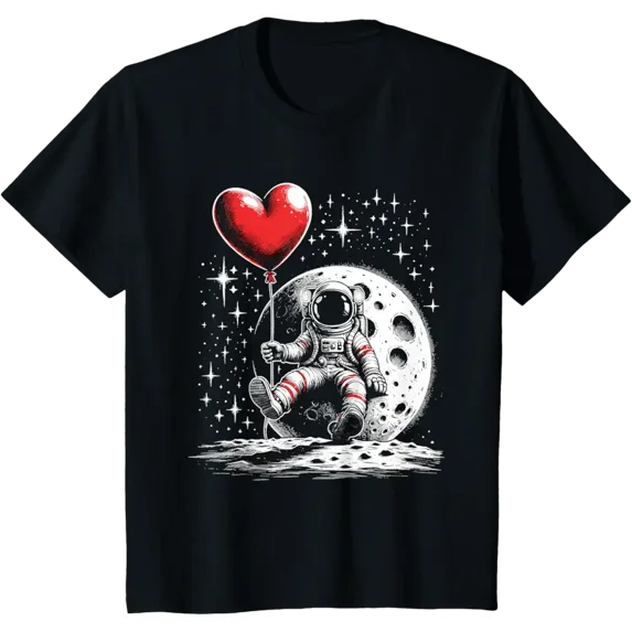 Cute Astronaut Heart Moon Graphic Unisex Valentine's Day Short Sleeve T ...