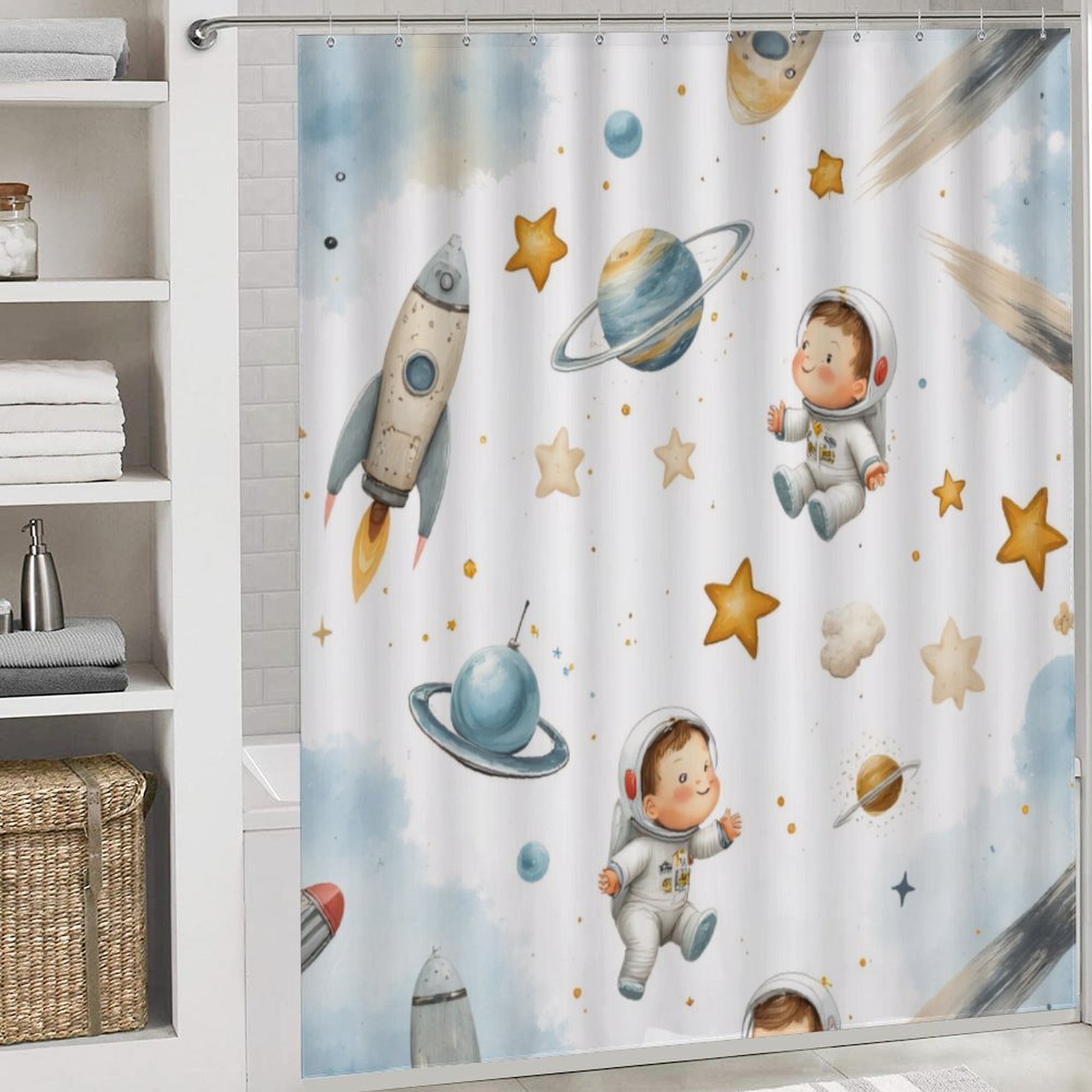 Cute Astronauts in Space Pattern Shower Curtain Bathroom Curtains ...