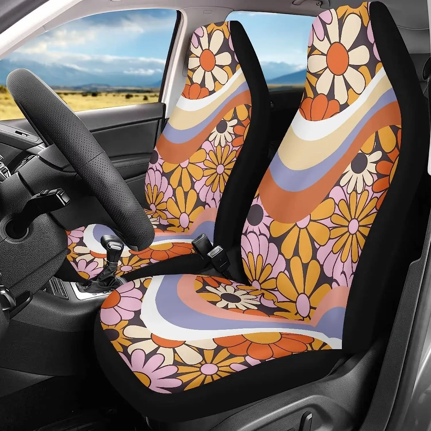 Cute Automotive Seat Protector Hippie Floral Print Front Seat Covers ...