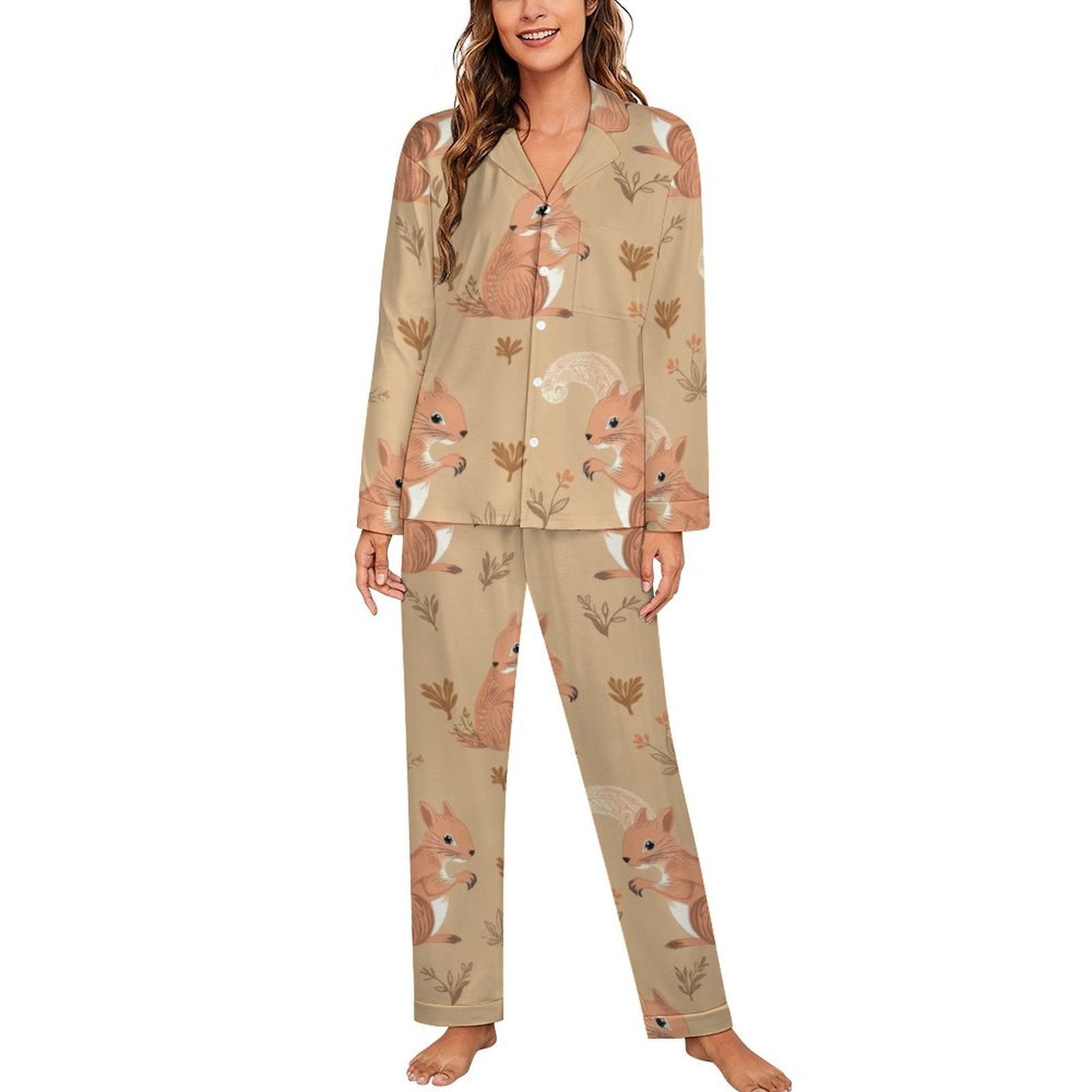 Cute Autumn Squirrels Pajamas Long-Sleeve Two Piece Pajamas Set Women V ...