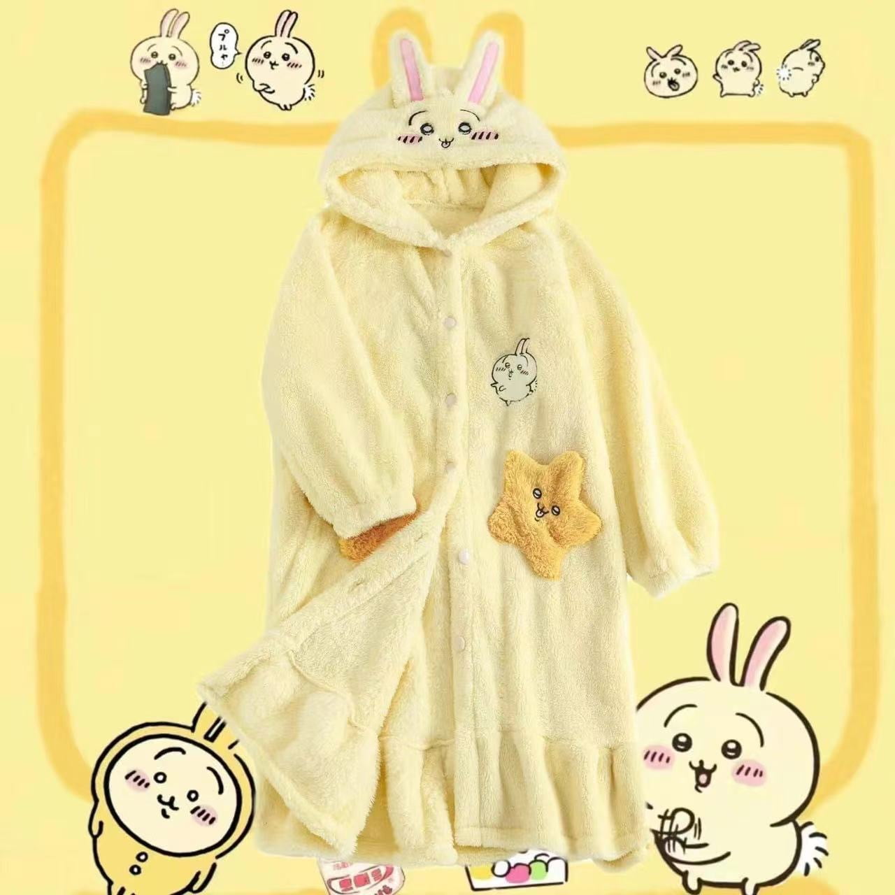 Cute Autumn Winter Usagi Plush Pajamas Set Chiikawa Thickened Nightgown ...