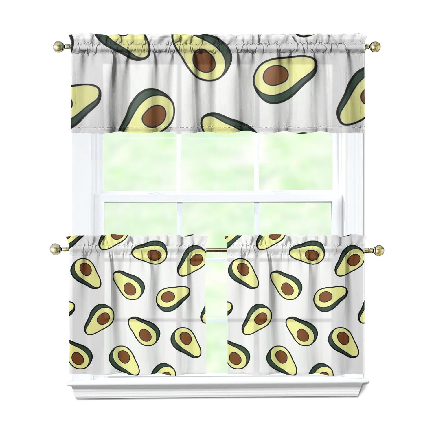 Cute Avocado Print Kitchen Curtains Set of 3 - Green Fruit Illustration ...