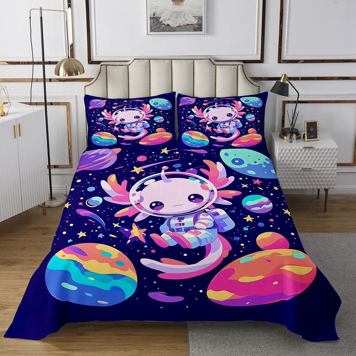 Cute Axolotl Astronaut Kids Bedspread King Size,Star Sky Galaxy Planet ...