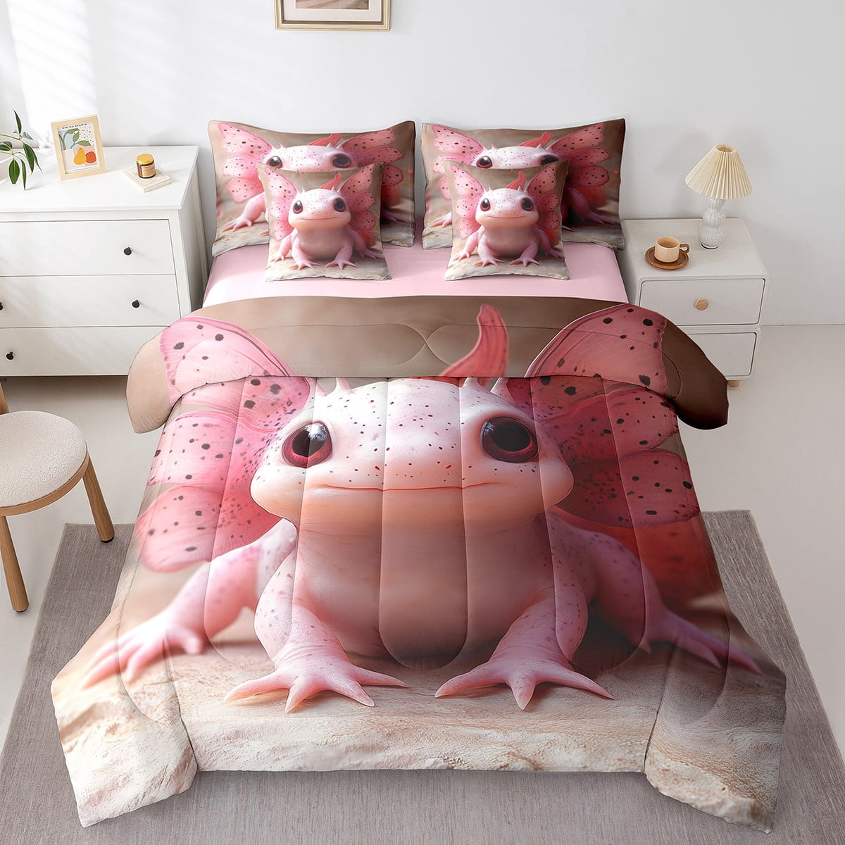 Cute Axolotl Bedding Set Pink Cartoon Axolotl Twin Comforter Set 7 ...