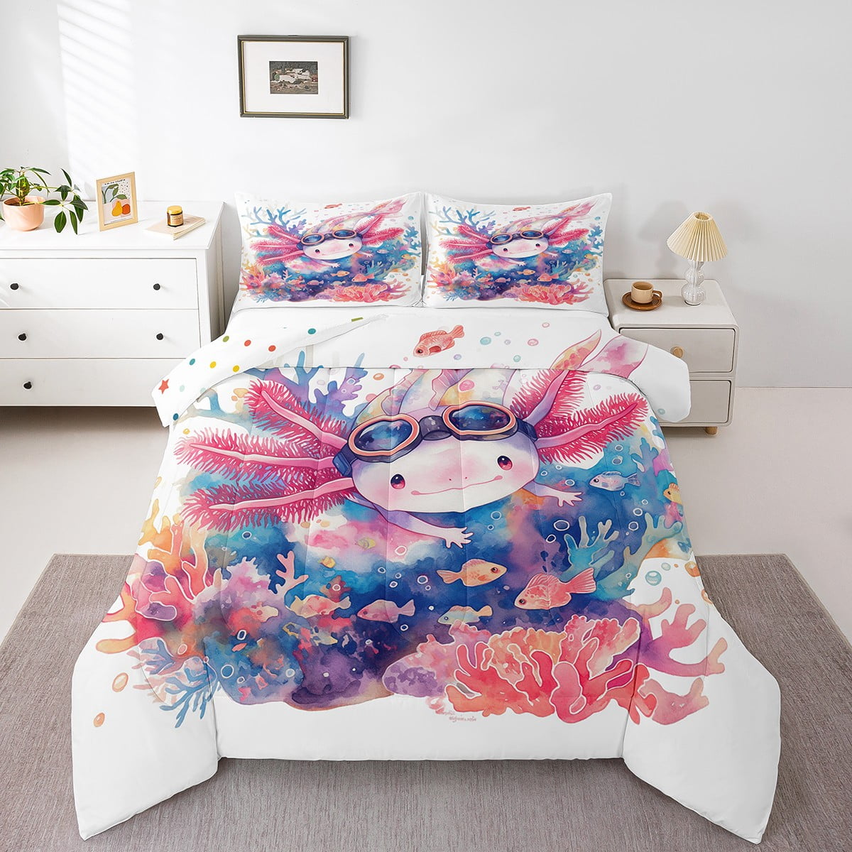 Cute Axolotl Bedding Set Queen Kawaii Axolotl Wildlife Comforter Set ...