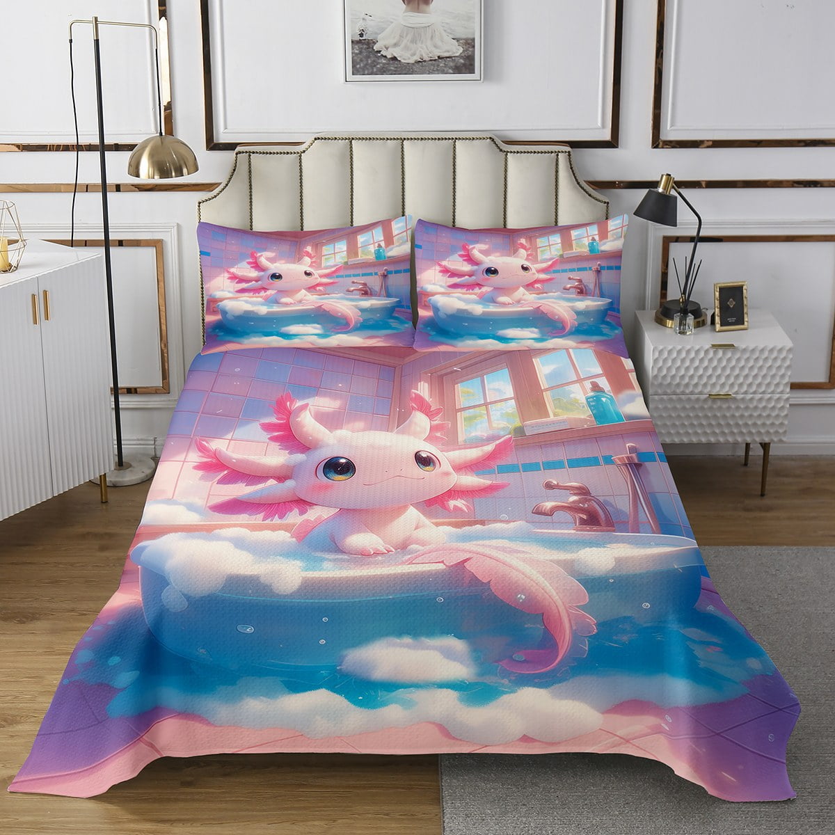 Cute Axolotl Bedspread Queen Size,Blue Bubbles Cloud Bedding Set,Kawaii ...