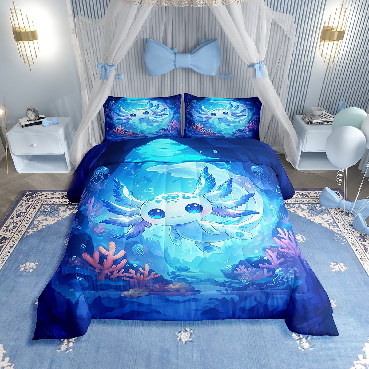 Cute Axolotl Comforter Set Full Size,Coral SeaUnderwater World Ocean ...