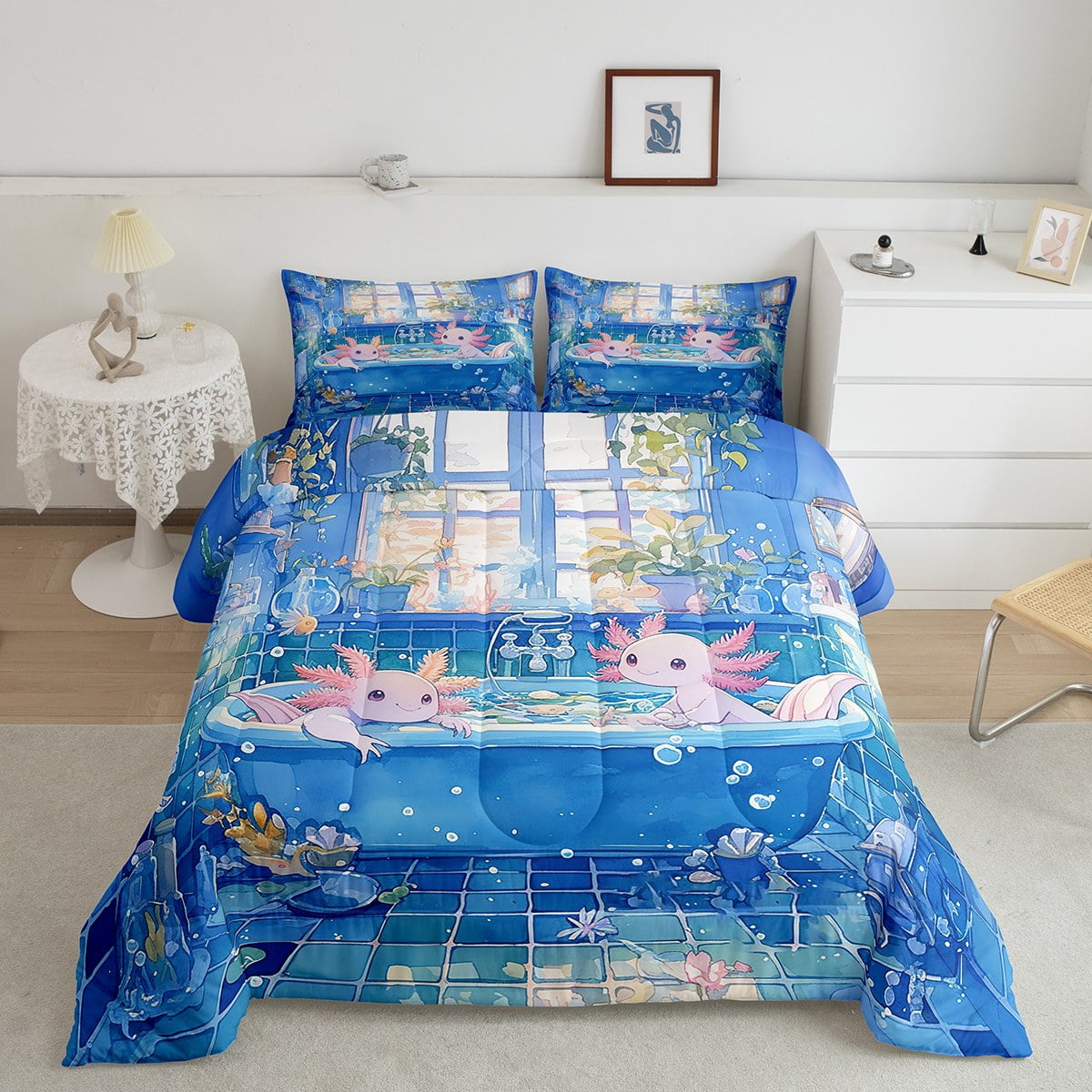 Cute Axolotl Comforter Set Queen Size,Cartoon Ocean Animals Bedding Set ...