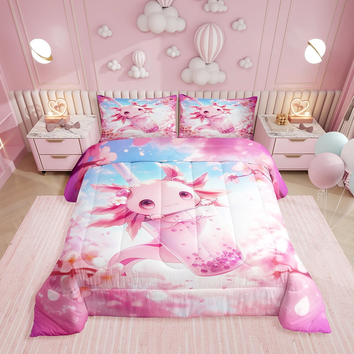 Cute Axolotl Comforter Set,Sakura Tree Cherry Blossom Romantic Bedding ...