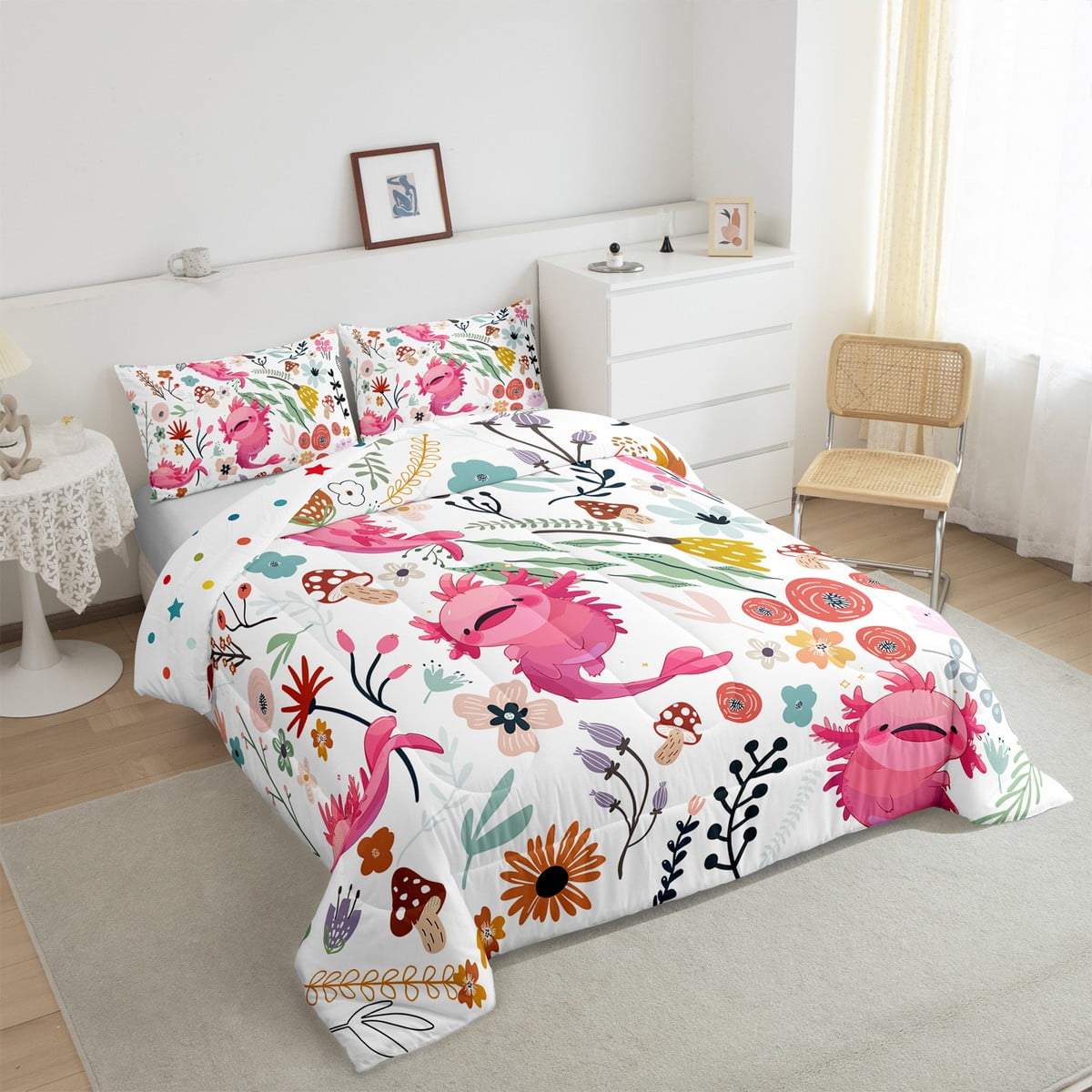 Cute Axolotl Comforter Set Mushroom Floral Twin Bedding Sets,Cartoon ...