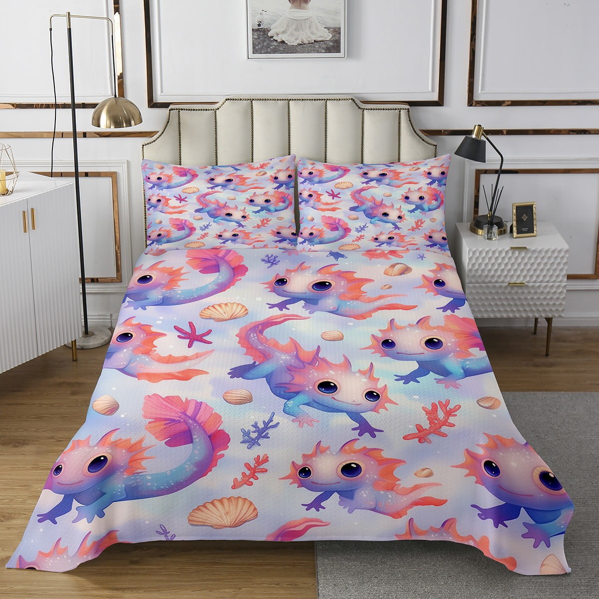 Cute Axolotl Coverlet Set Cartoon Salamander Bedspread Set,Creature Sea ...