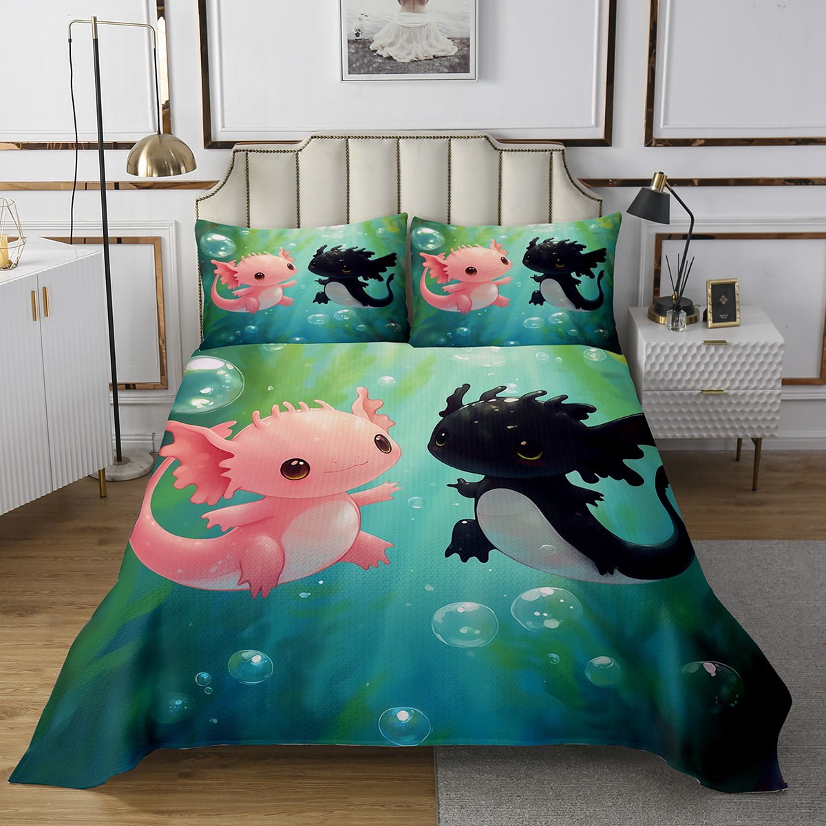 Cute Axolotl Coverlet Set Pink Black Animals Axolotl Quilt Set Queen ...