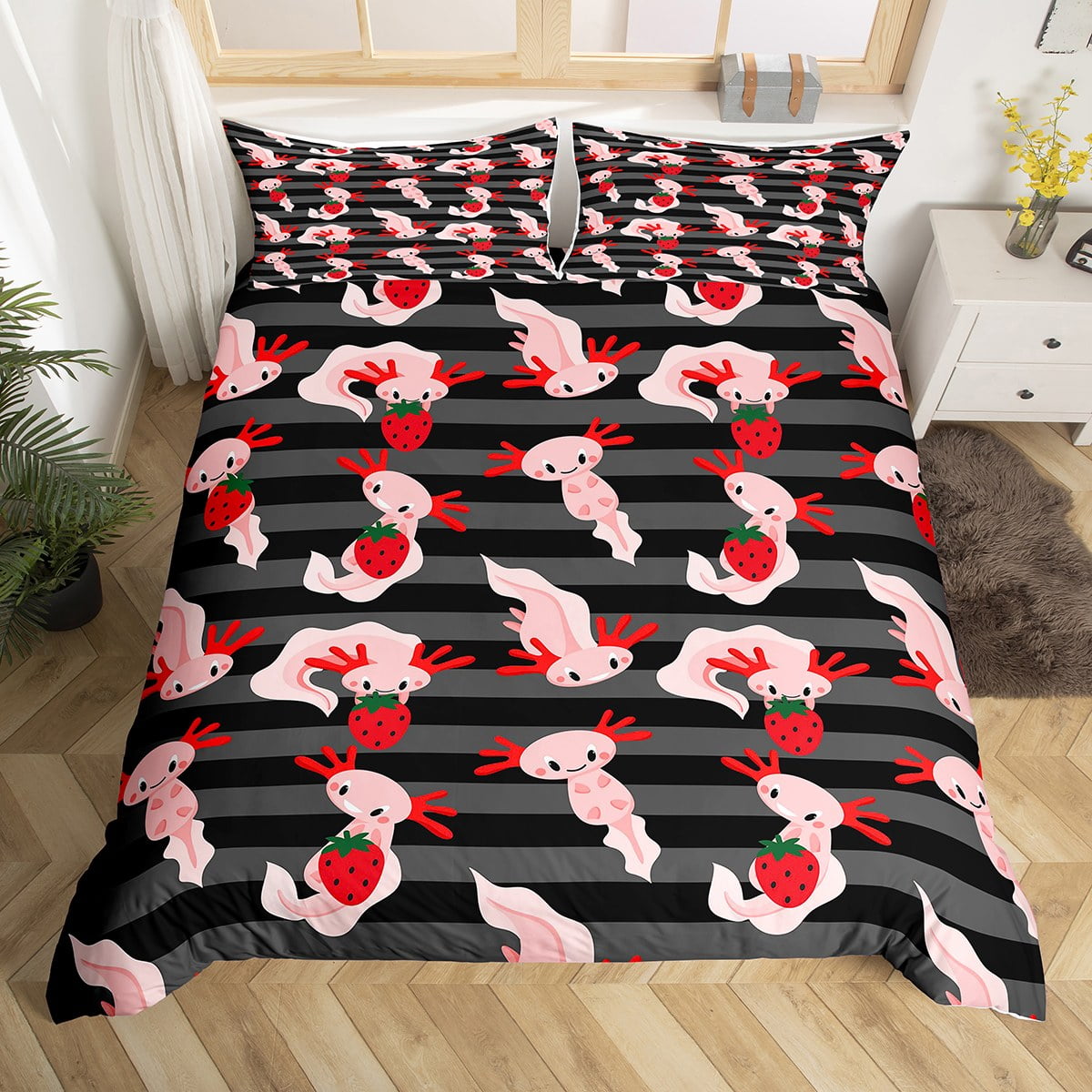Cute Axolotl Duvet Cover Full Size Strawberry Stripes Comforter Cover ...