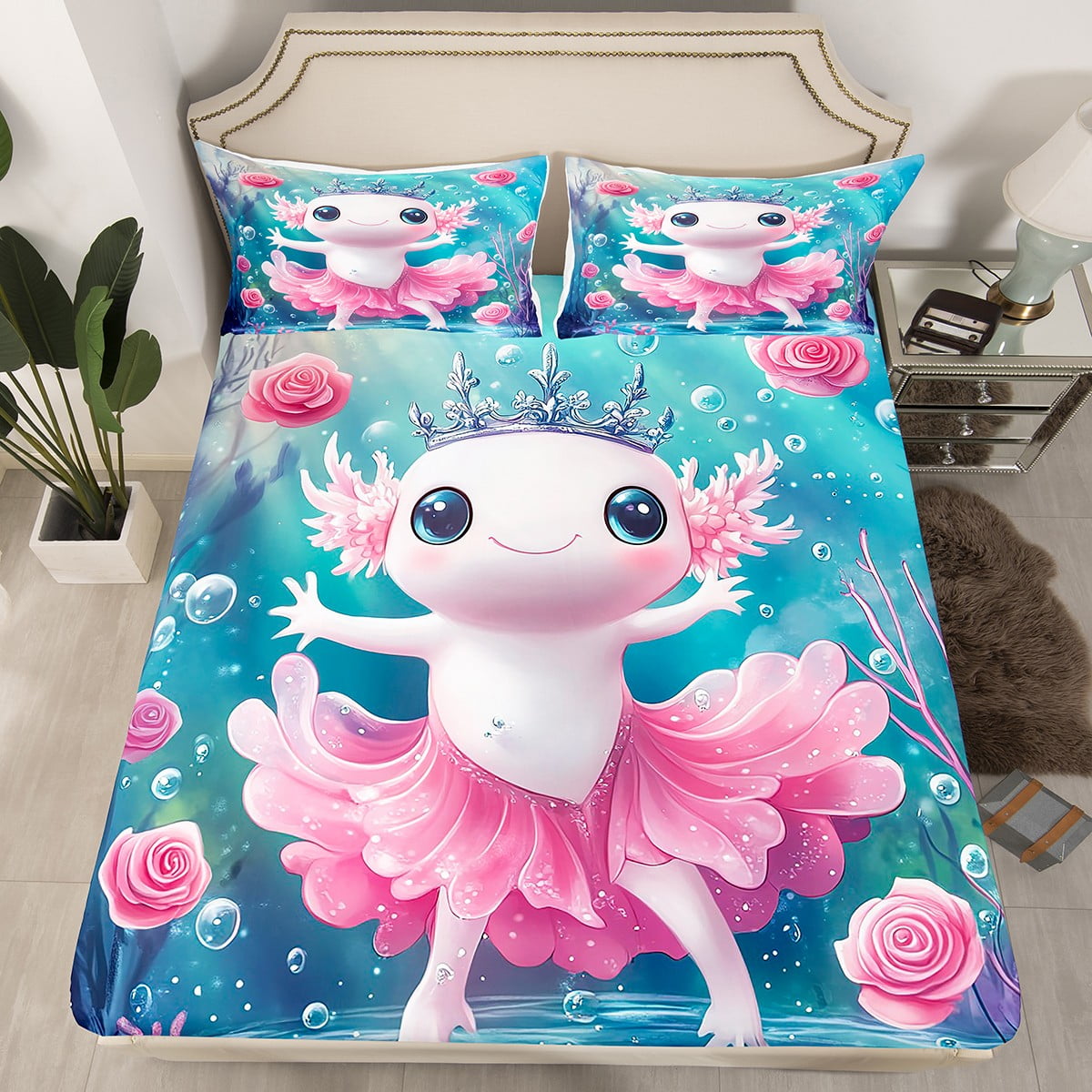 Cute Axolotl Fitted Sheet Cartoon Salamander Twin Bedding Set Pink Rose ...