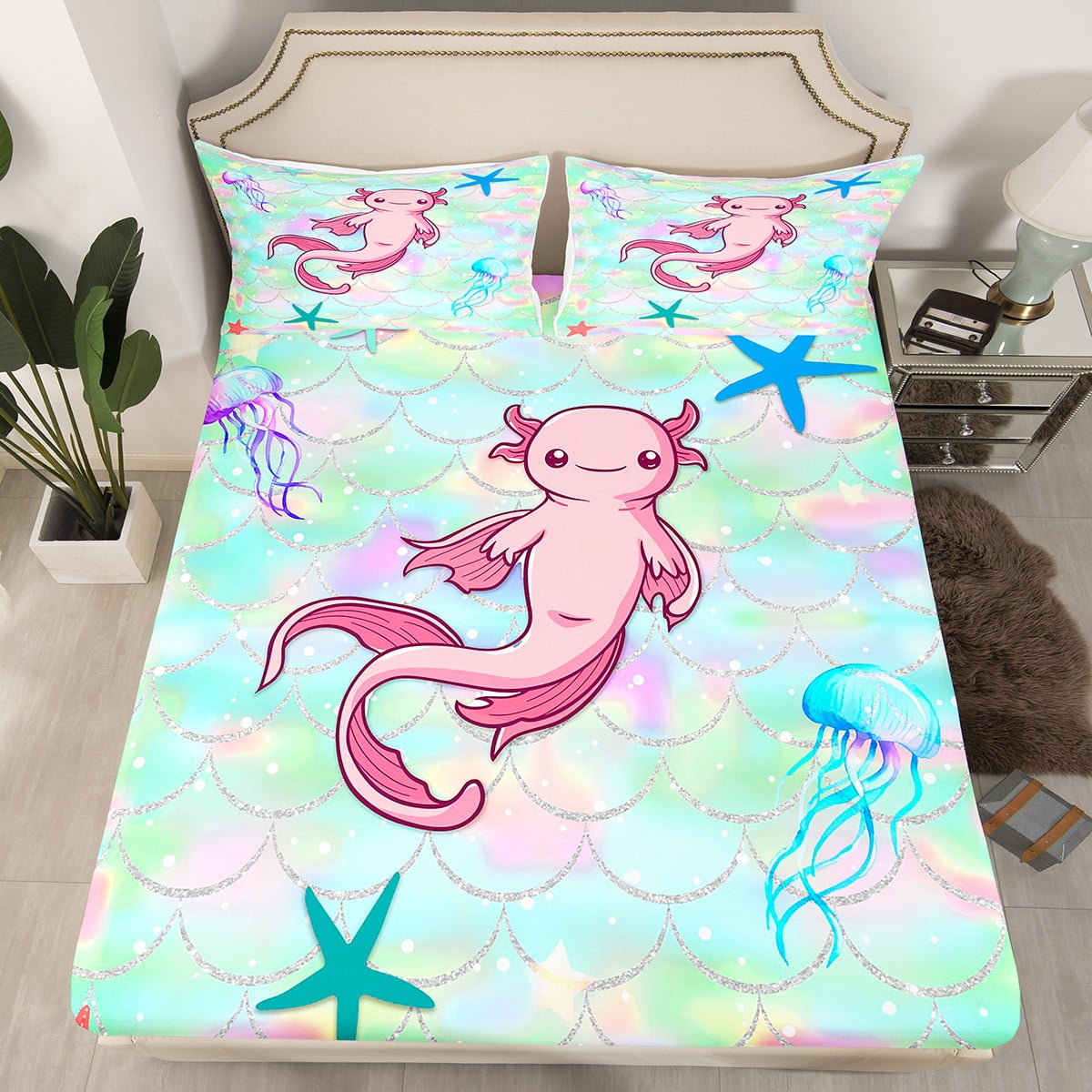 Cute Axolotl Fitted Sheet Glitter Mermaid Scales Bed Set Rainbow Pink ...