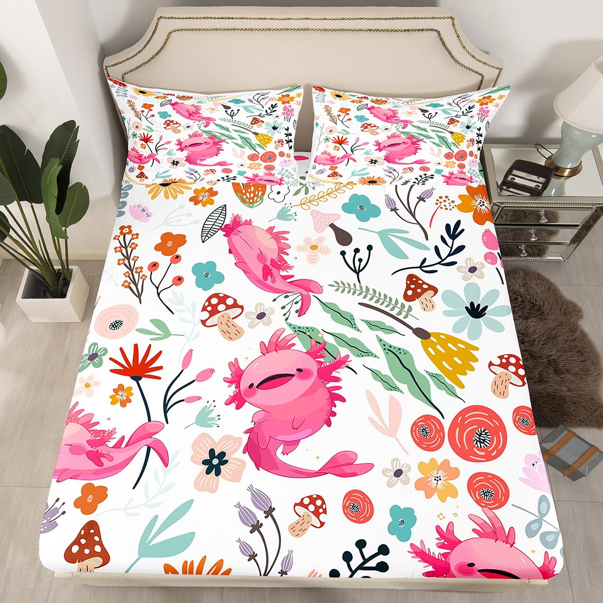 Cute Axolotl Fitted Sheet Mushroom Floral Twin Bed Sheets ,Cartoon ...