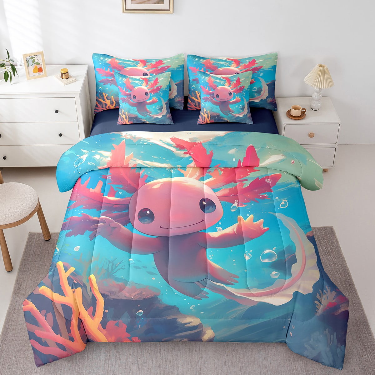 Cute Axolotl Full Bedding Set Ocean Axolotl 7 Piece Comforter Sets ...