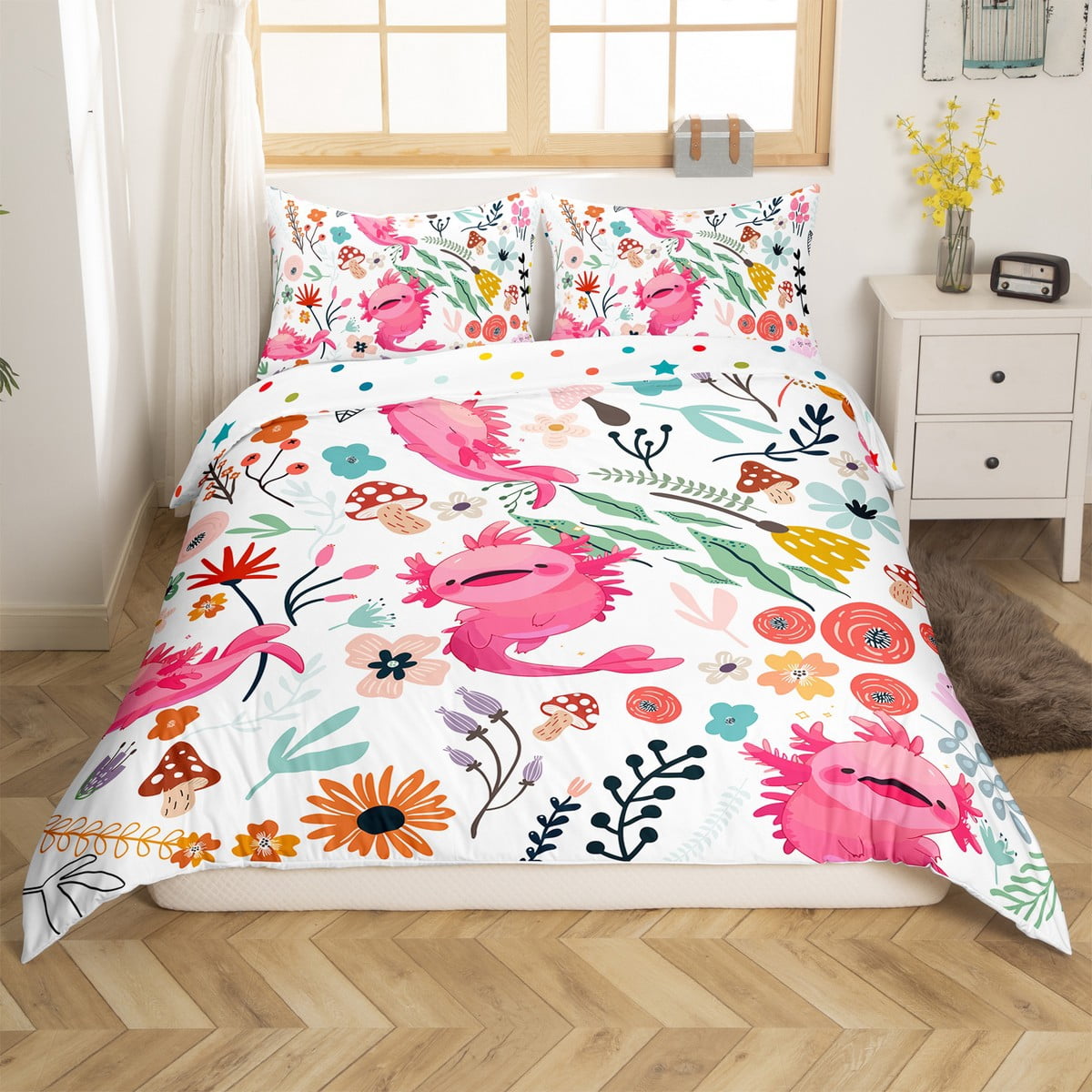Cute Axolotl Full Bedding Sets for Boys,Mushroom Floral Comforter Cover ...