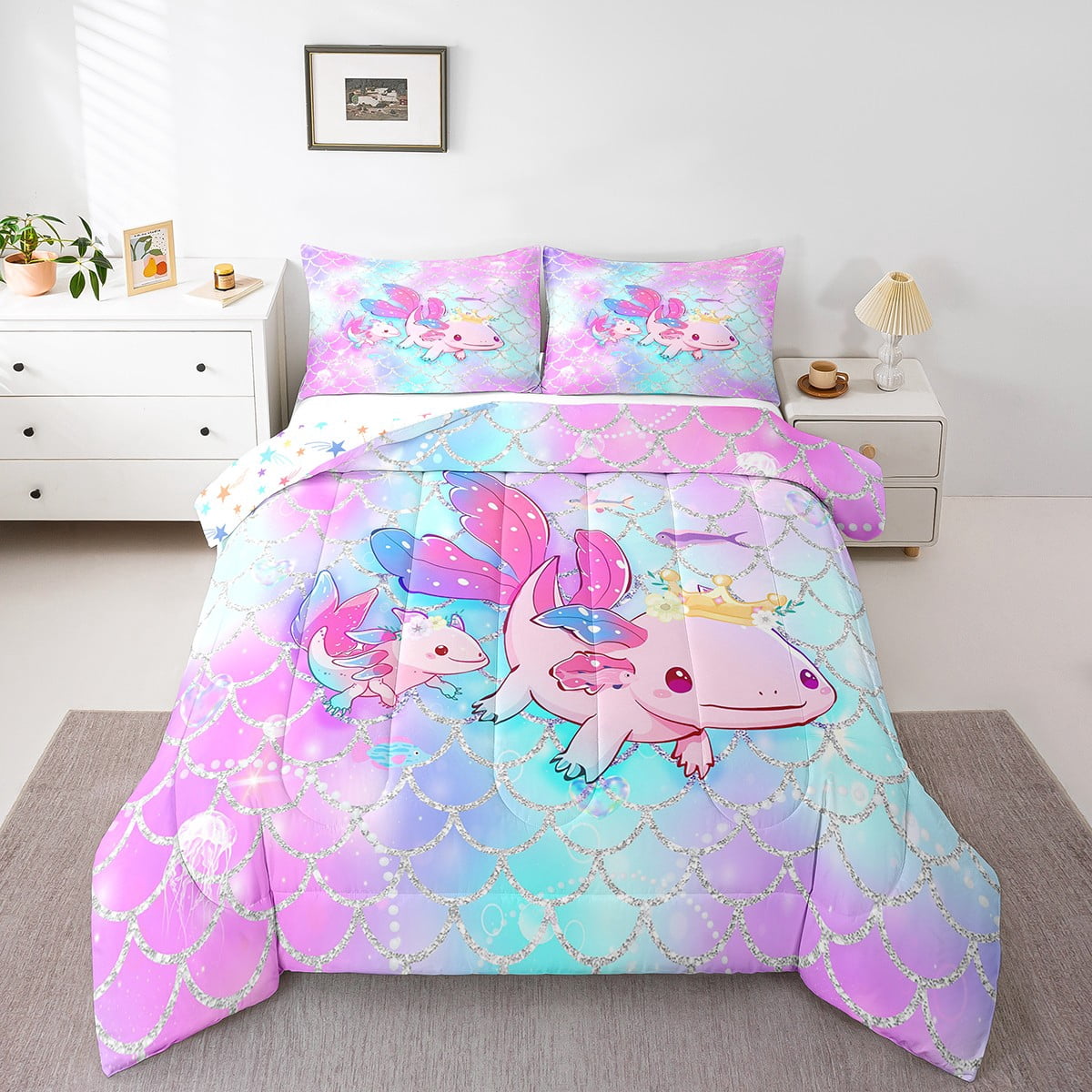 Cute Axolotl Jellyfish Toddler Bedding Set,Pink Purple Mermaid Tail ...