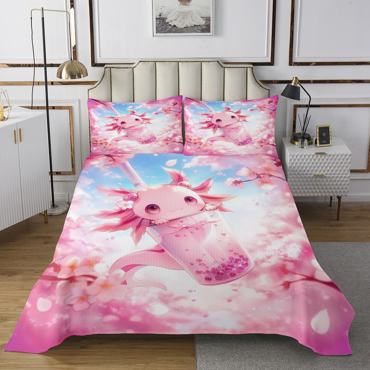 Cute Axolotl Kids Bedspread Queen Size,Sakura Tree Cherry Blossom ...