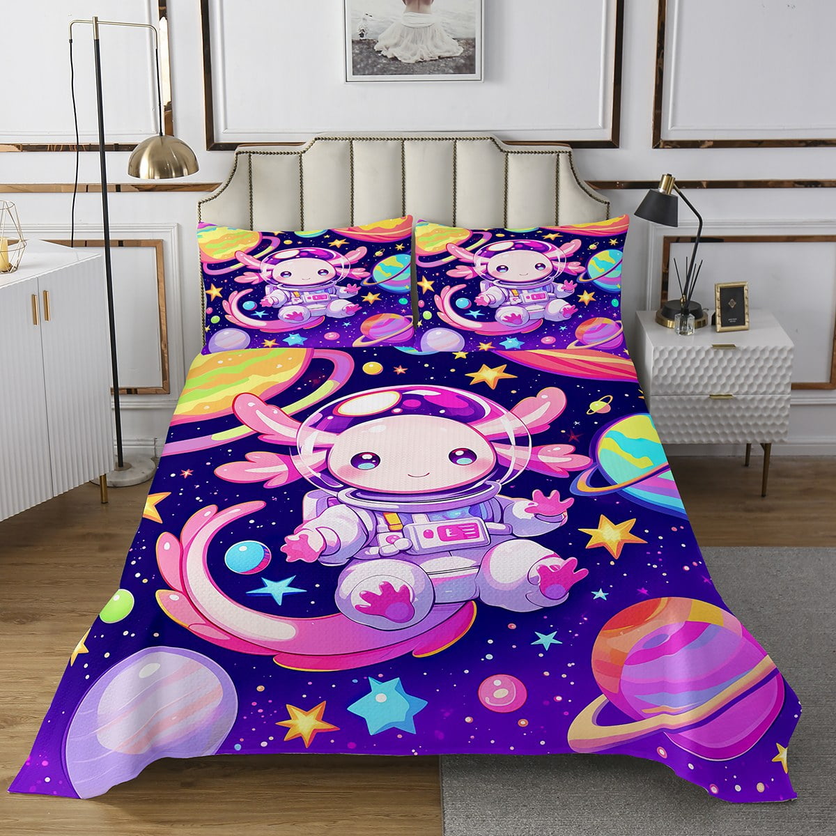 Cute Axolotl Kids Bedspread Queen Size,Starry Sky Galaxy Planet Outer ...
