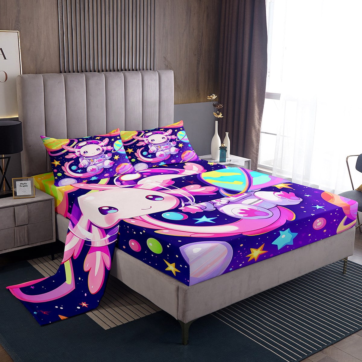 Cute Axolotl Kids Sheet King Size,Starry Sky Galaxy Planet Outer Space ...