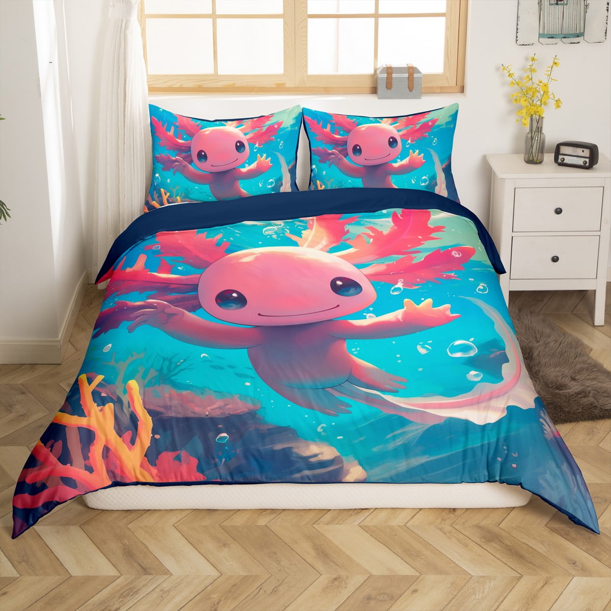 Cute Axolotl King Comforter Cover Ocean Axolotl Bedding Set,Cartoon ...