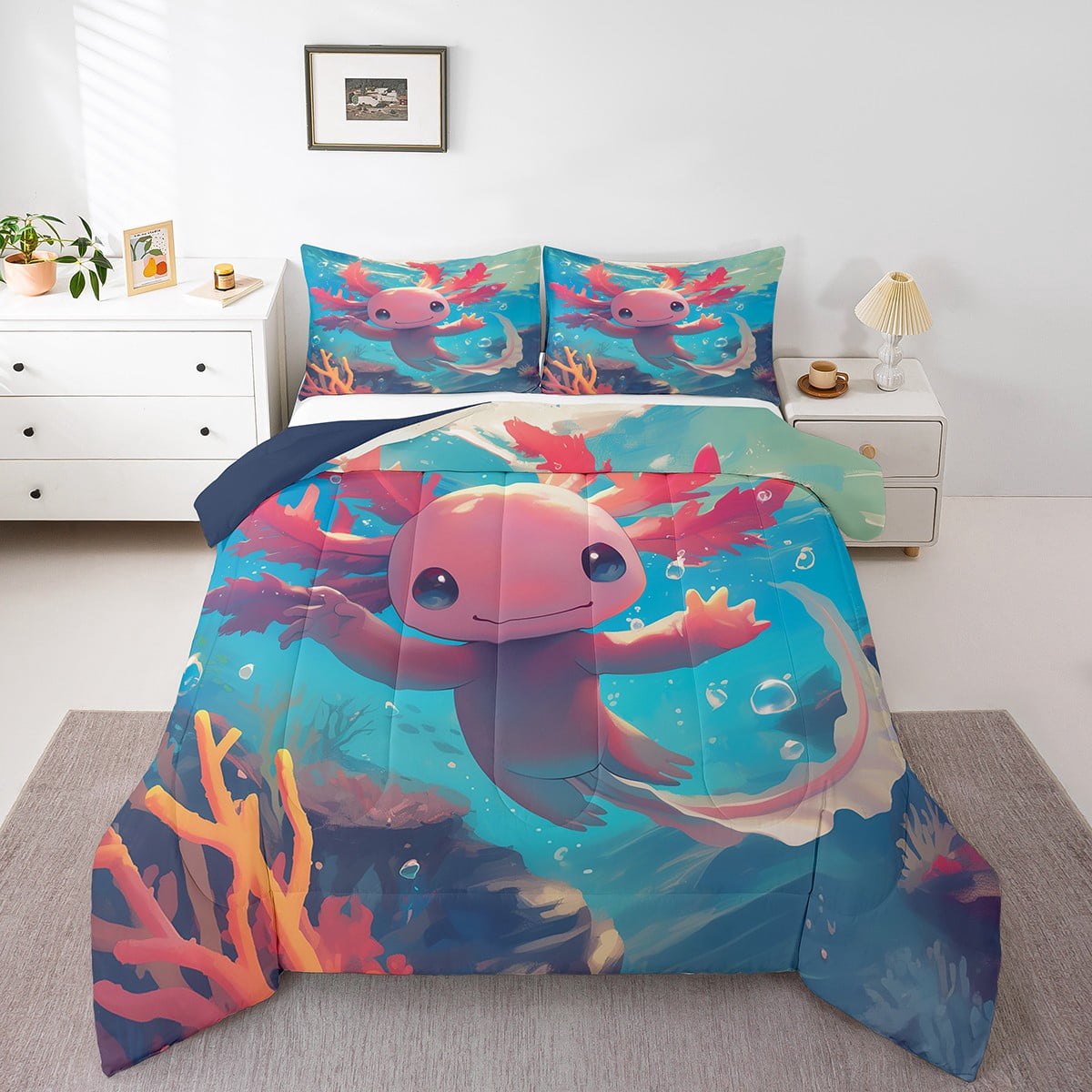 Cute Axolotl Queen Comforter Set Ocean Axolotl Bedding Set,Cartoon ...