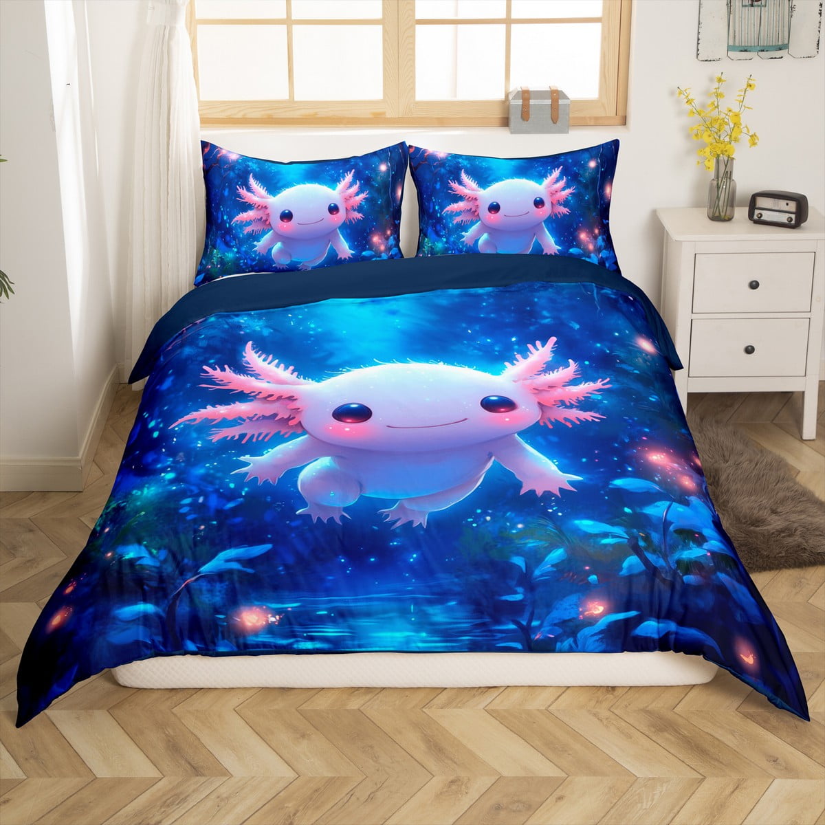 Cute Axolotl Queen Size Bedding Set Dreamy Animal Cartoon Salamander ...