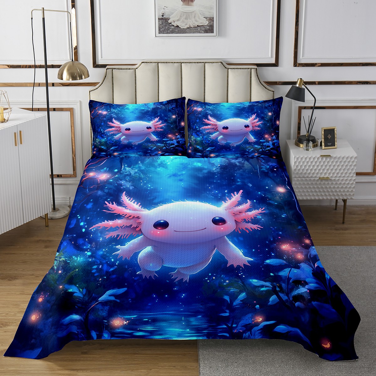 Cute Axolotl Queen Size Quilt Set Dreamy Animal Cartoon Salamander ...