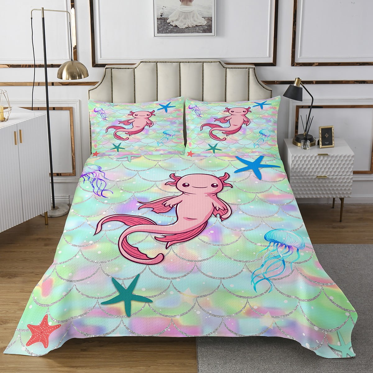 Cute Axolotl Quilt Set Glitter Mermaid Scales Bedspread Set Rainbow ...