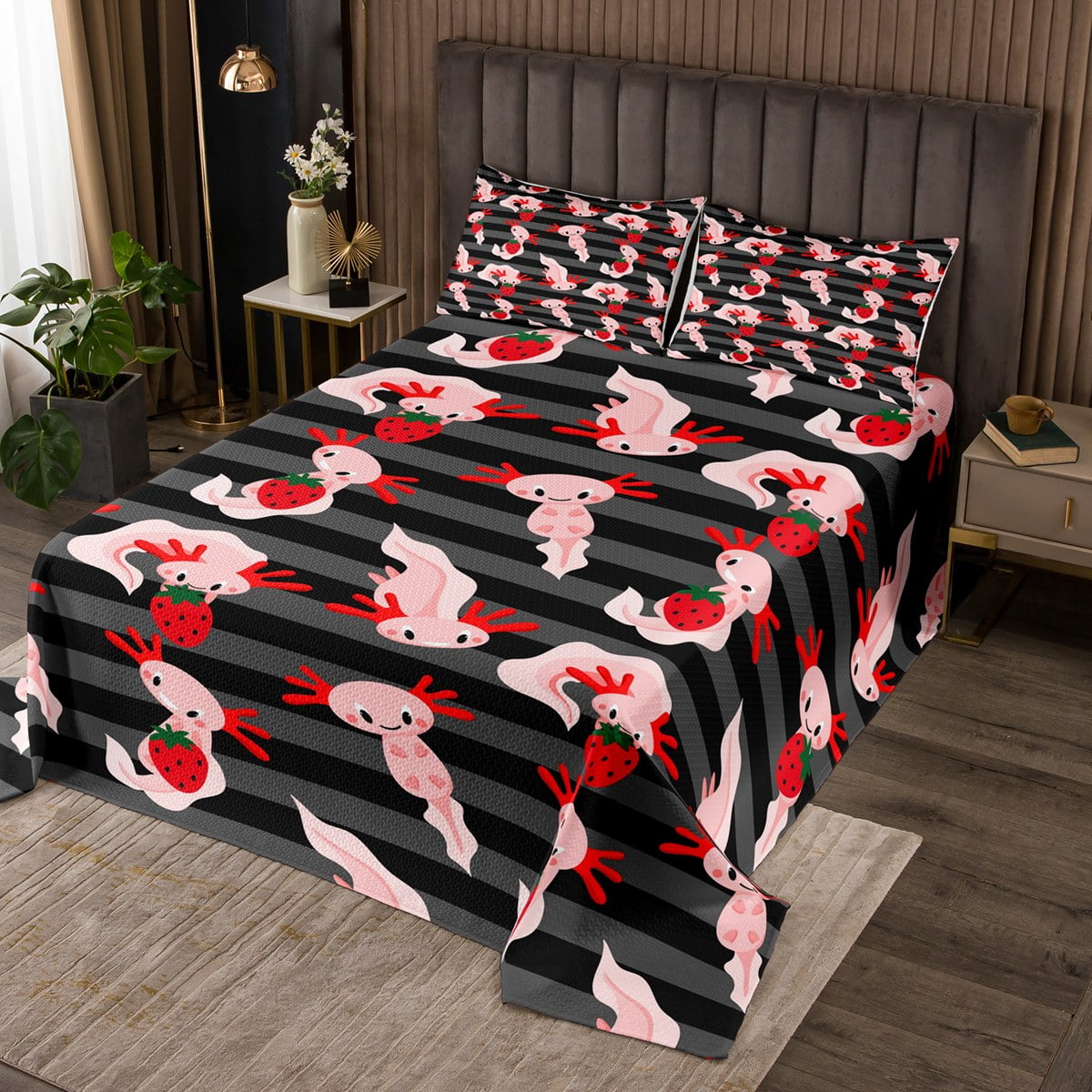 Cute Axolotl Quilt Set Queen Size Strawberry Stripes Coverlet Set ...