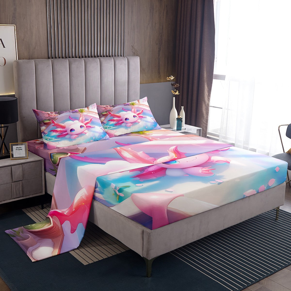Cute Axolotl Sheet Set Pink Cherry Blossoms Decor Bed Sheets Set,Queen ...