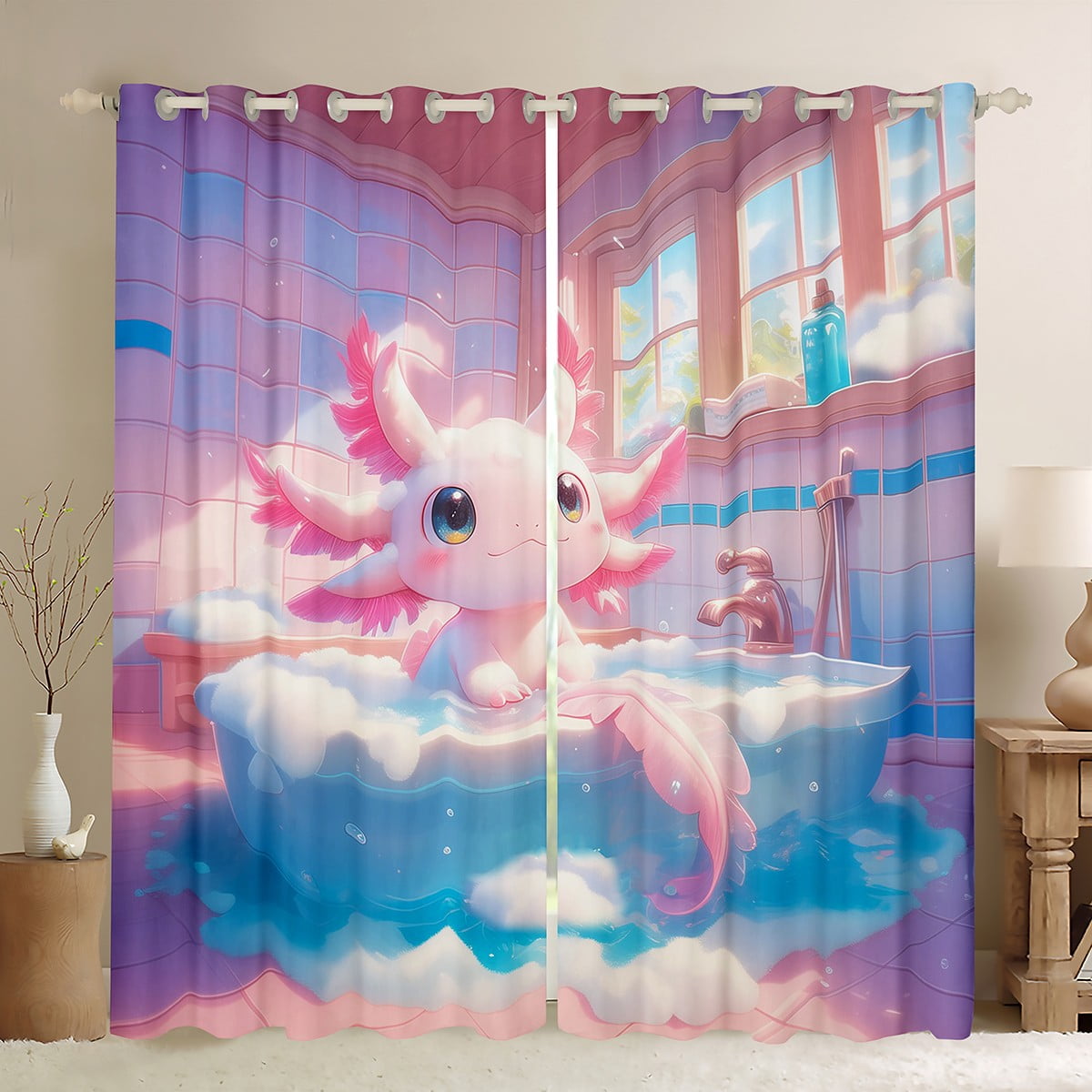 Cute Axolotl Window Treatment Curtain,Blue Bubbles Cloud Window Curtain ...