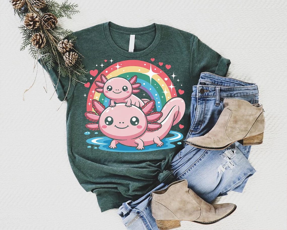 Cute Axolotls with Rainbow - Adorable Axolotl T-Shirt - Colorful Animal ...